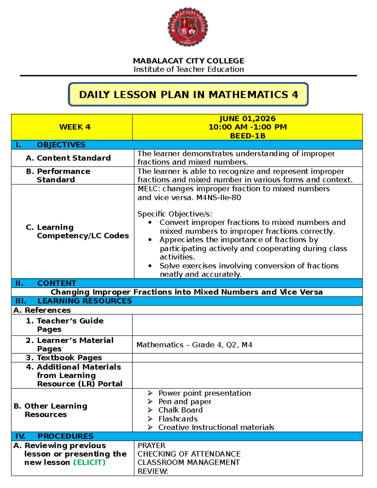 MABALACAT CITY COLLEGE Math 4 Daily Lesson Plan: Improper Fractions ...
