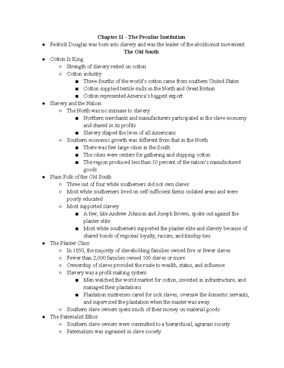 Chapter 11 The Peculiar Institution Textbook Notes - Chapter 11 - The ...