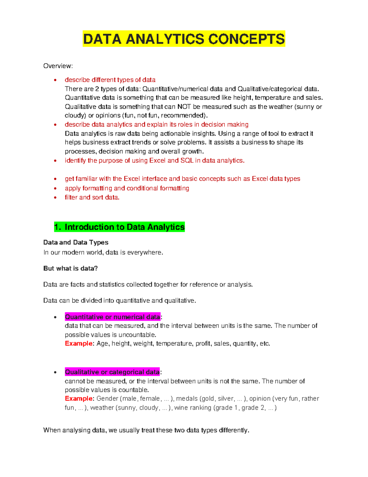 W1 Introduction To Data Analytics Concepts Overview Describe Different Types Of Data There