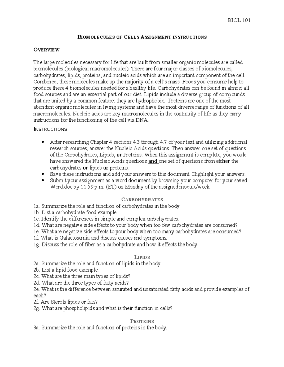 BIOL 101 Biomolecules of Cells Assignment Instructions and Overview ...