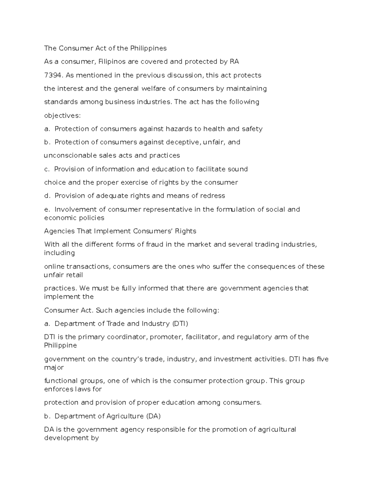 RA 7394: Understanding the Consumer Act of the Philippines - Studocu