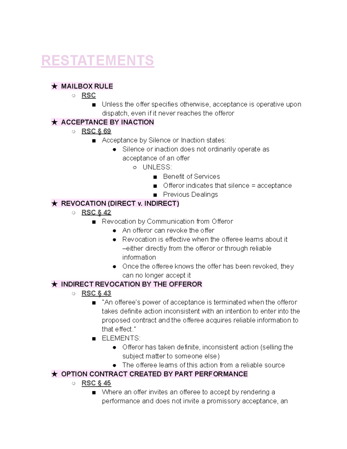1L SEM 1 - Outline on Mailbox Rule and Acceptance Principles - Studocu