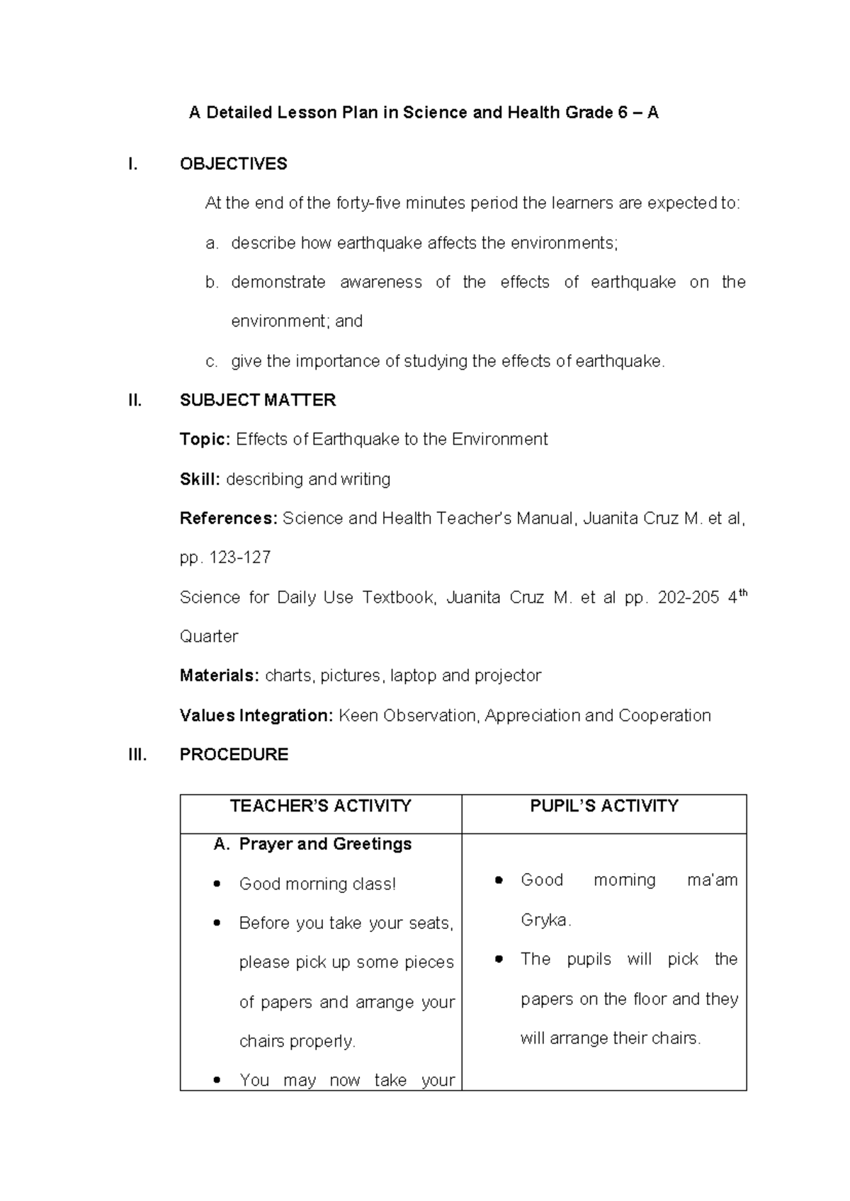 Grade 6 Science & Health Lesson Plan: Effects of Earthquakes - Studocu