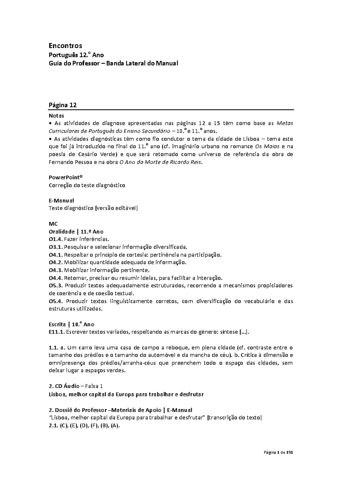 Exame Nacional de Português 12 - Proposta de Correção 1ª Fase 2019 ...
