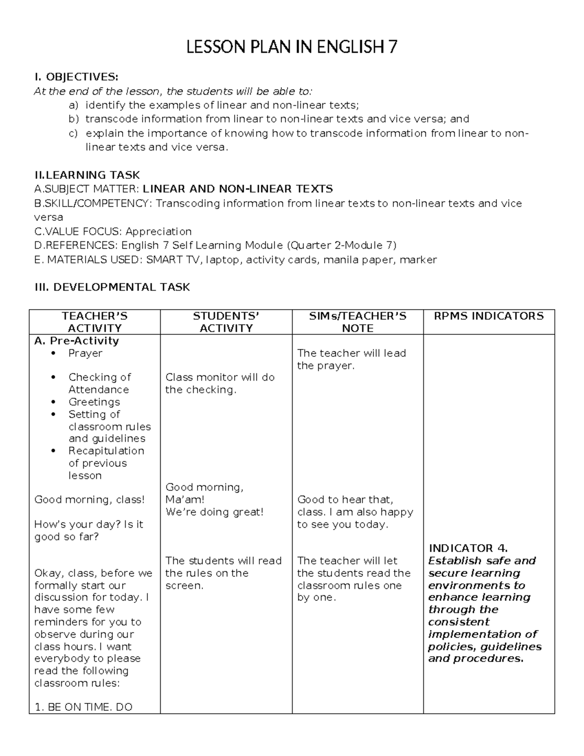 LESSON PLAN: TRANSCODING LINEAR & NONLINEAR TEXTS - ENG 7 - Studocu