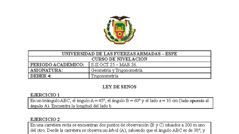 Deber 4: Trigonometría - Ley de Senos y Cosenos (Geometría) - Studocu