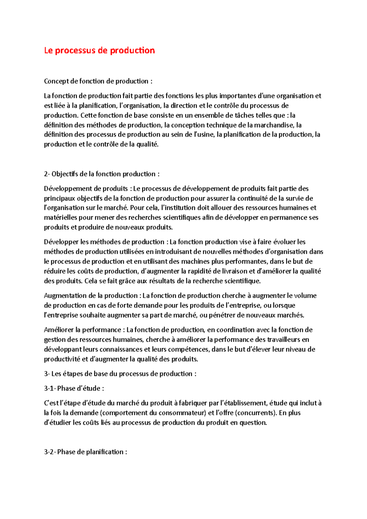 Le processus de production - Le processus de production Concept de ...