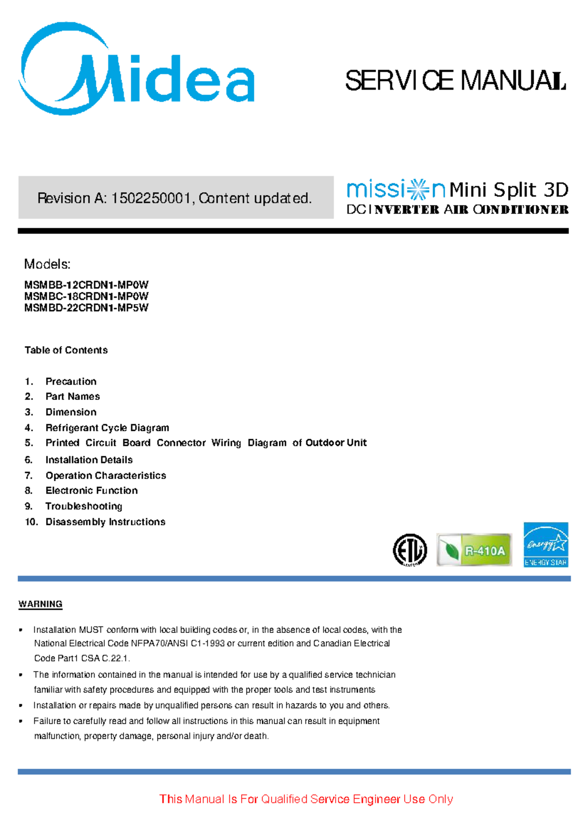 Midea Mini Split 3D DC Inverter AC Service Manual Revision A - Studocu