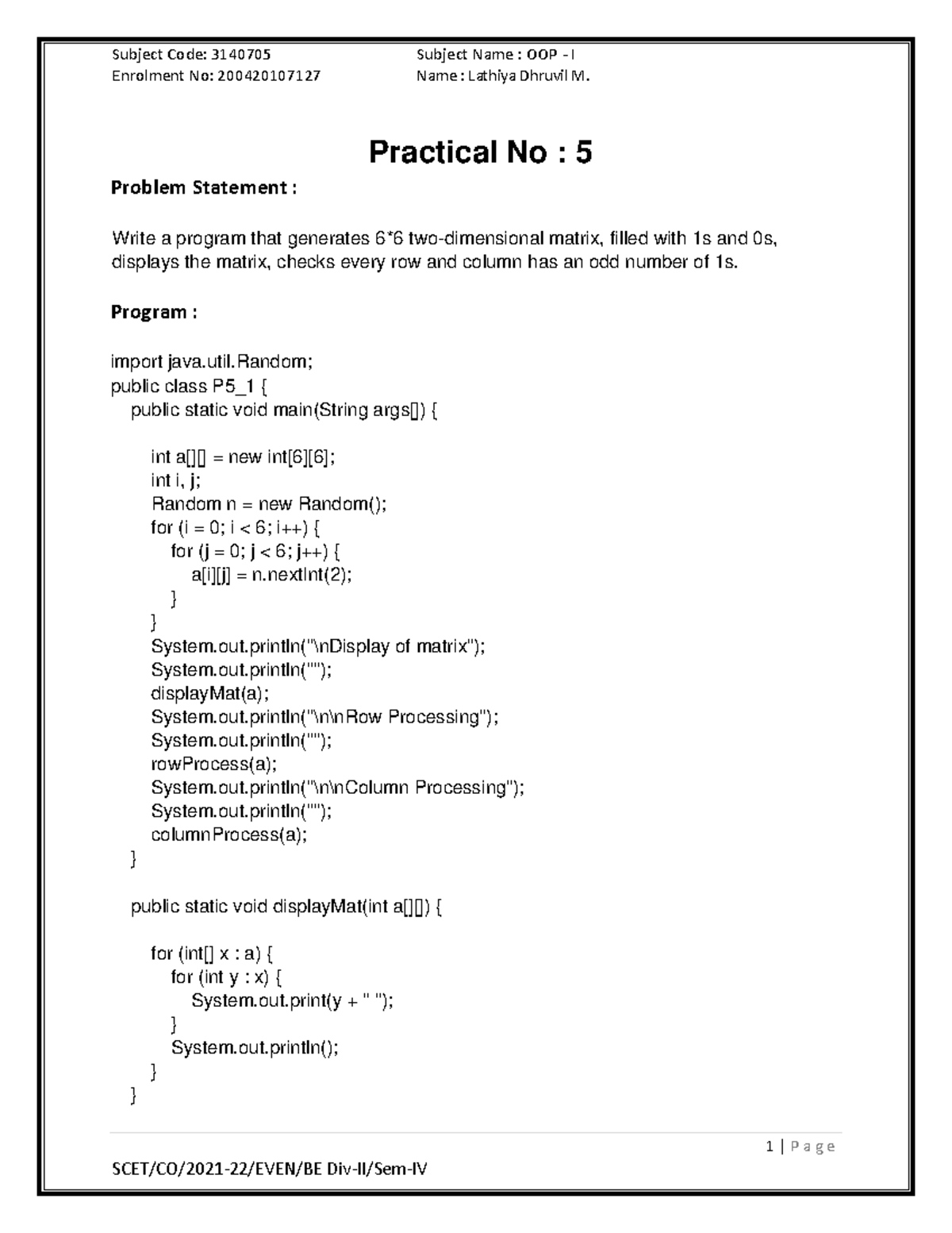 Practical No. 5: 6x6 Matrix Odd 1s Check in OOP - CS101 - Studocu