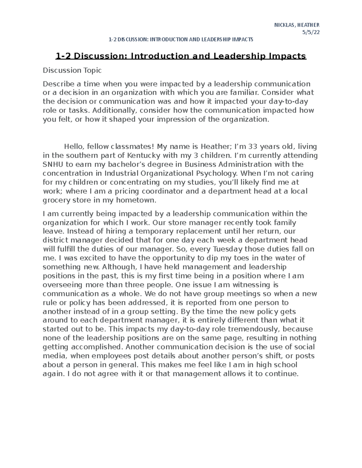 1-2 discussion introduction leadership impacts - NICKLAS, HEATHER 5/5 ...