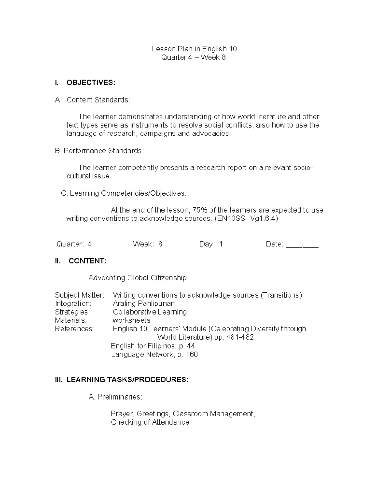 Lesson Plan for English 10: Global Citizenship (Quarter 4, Week 8 ...