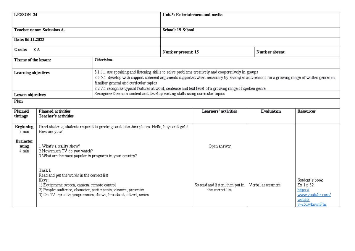 LESSON 24 Unit 3: Entertainment and Media - Teaching Overview - Studocu