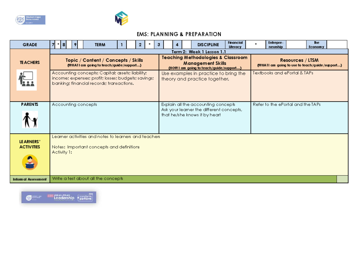 EMS: Gr 7 Term 2 Week 1 Lesson Plan on Financial Literacy - Studocu