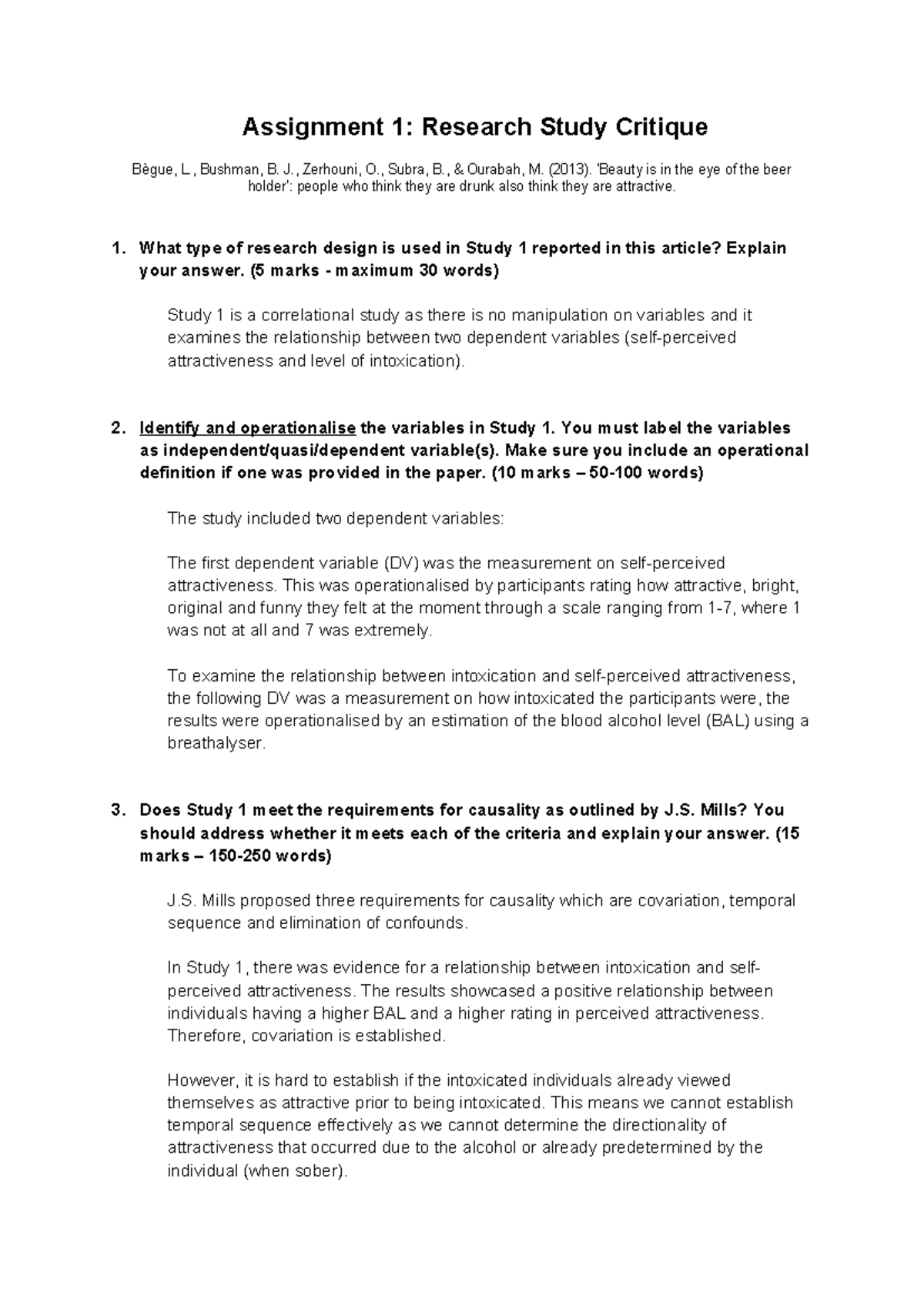 Research Study Critique Assignment - Psychology 101 - Studocu