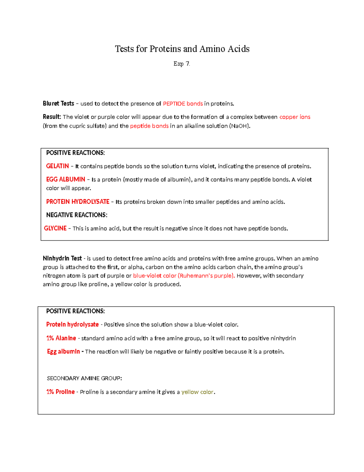 Tests for Proteins and Amino Acids exp 7 - Biuret Tests – used to ...