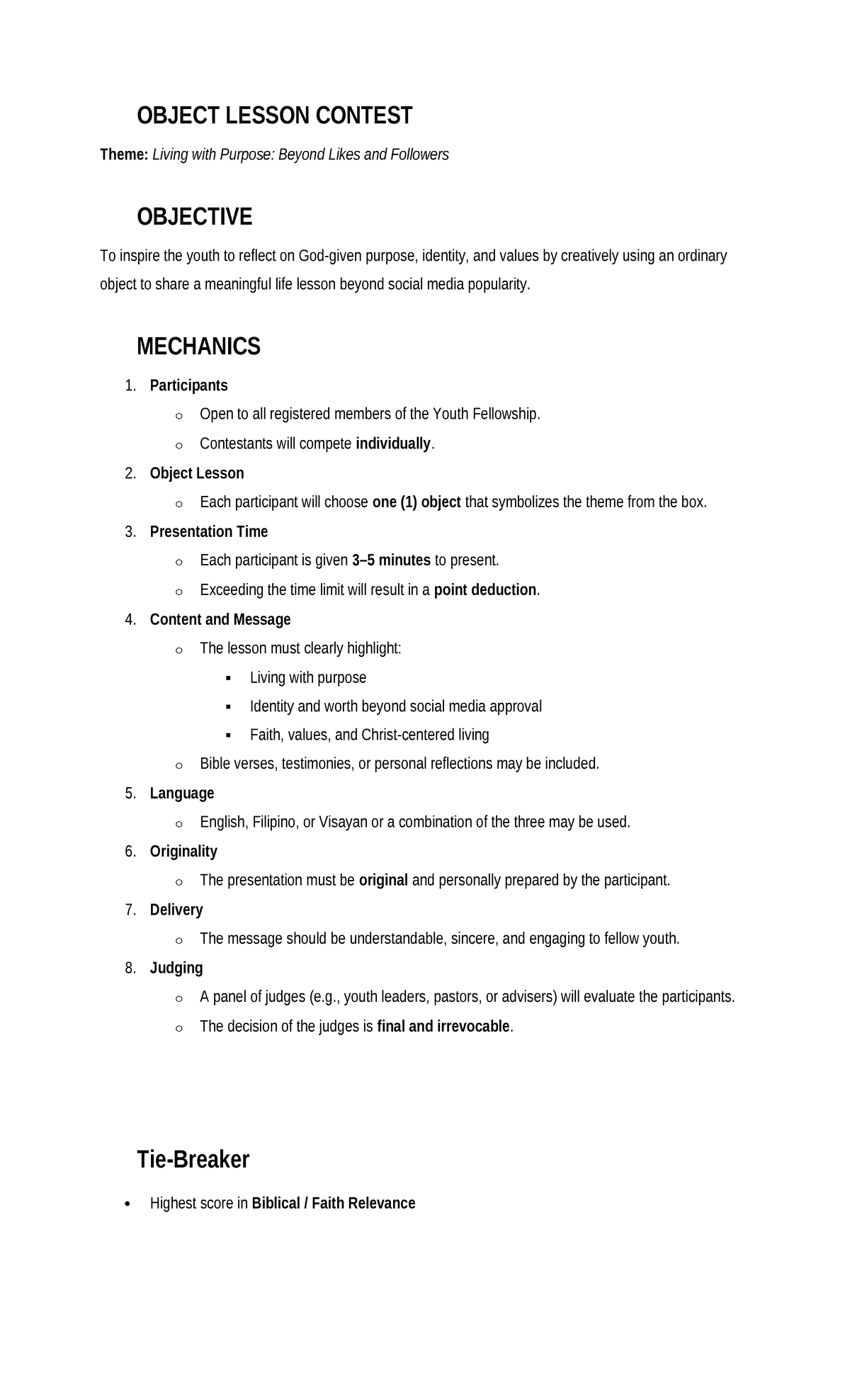OBJECT LESSON CONTEST: Living with Purpose Criteria - Studocu