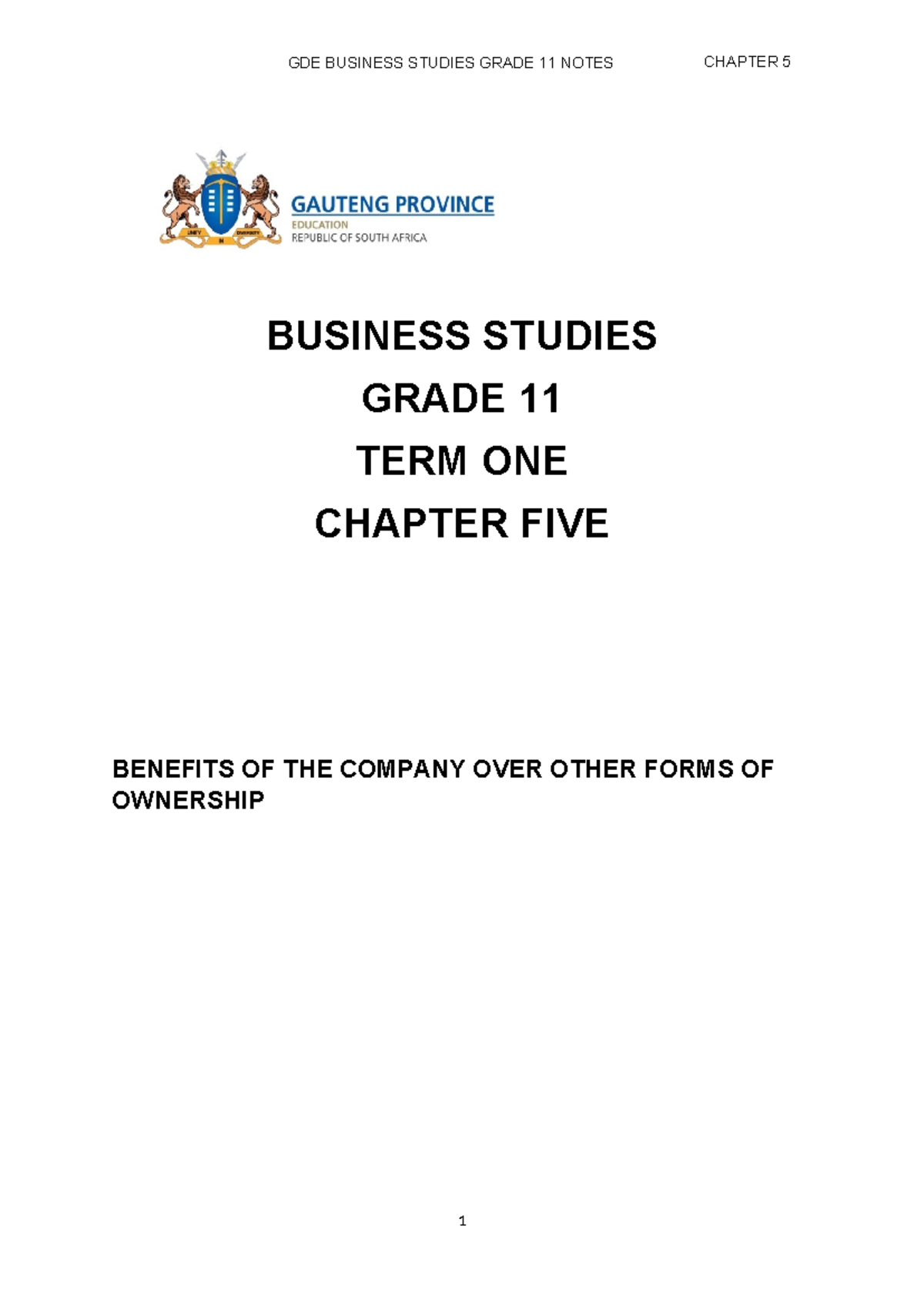 2020 GDE Business Studies Grade 11 Notes: Chapter 5 - Company Ownership ...