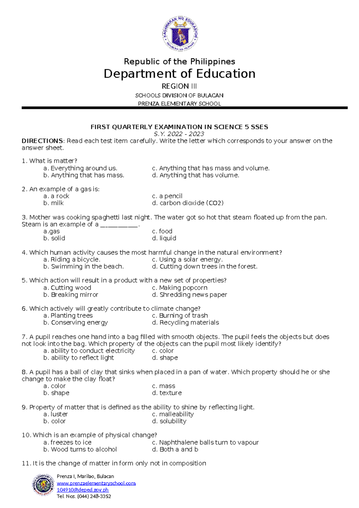 SSES 5 Science First Quarterly Exam Review - S.Y. 2022-2023 - Studocu