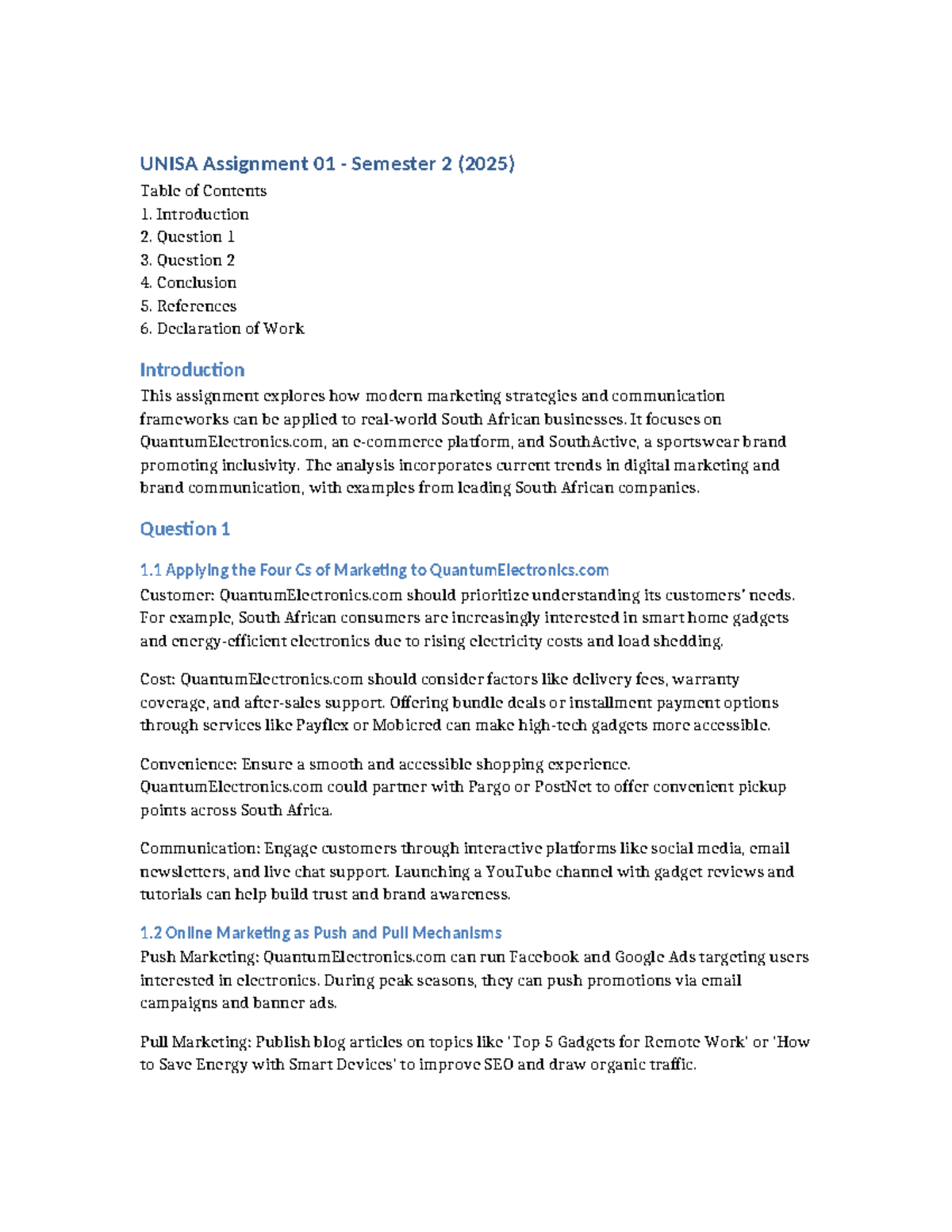 UNISA Assignment 01: Marketing Strategies for South African Businesses ...