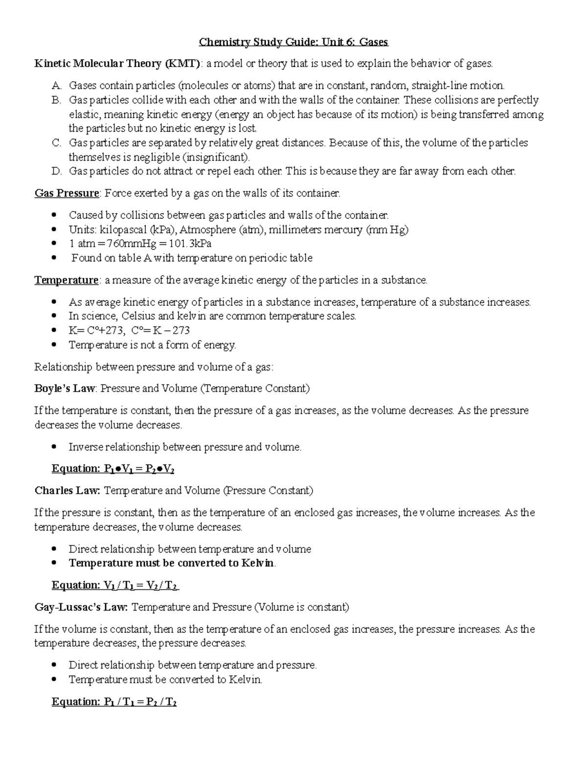 Chemistry Study Guide unit 6 gases - Chemistry Study Guide: Unit 6 ...
