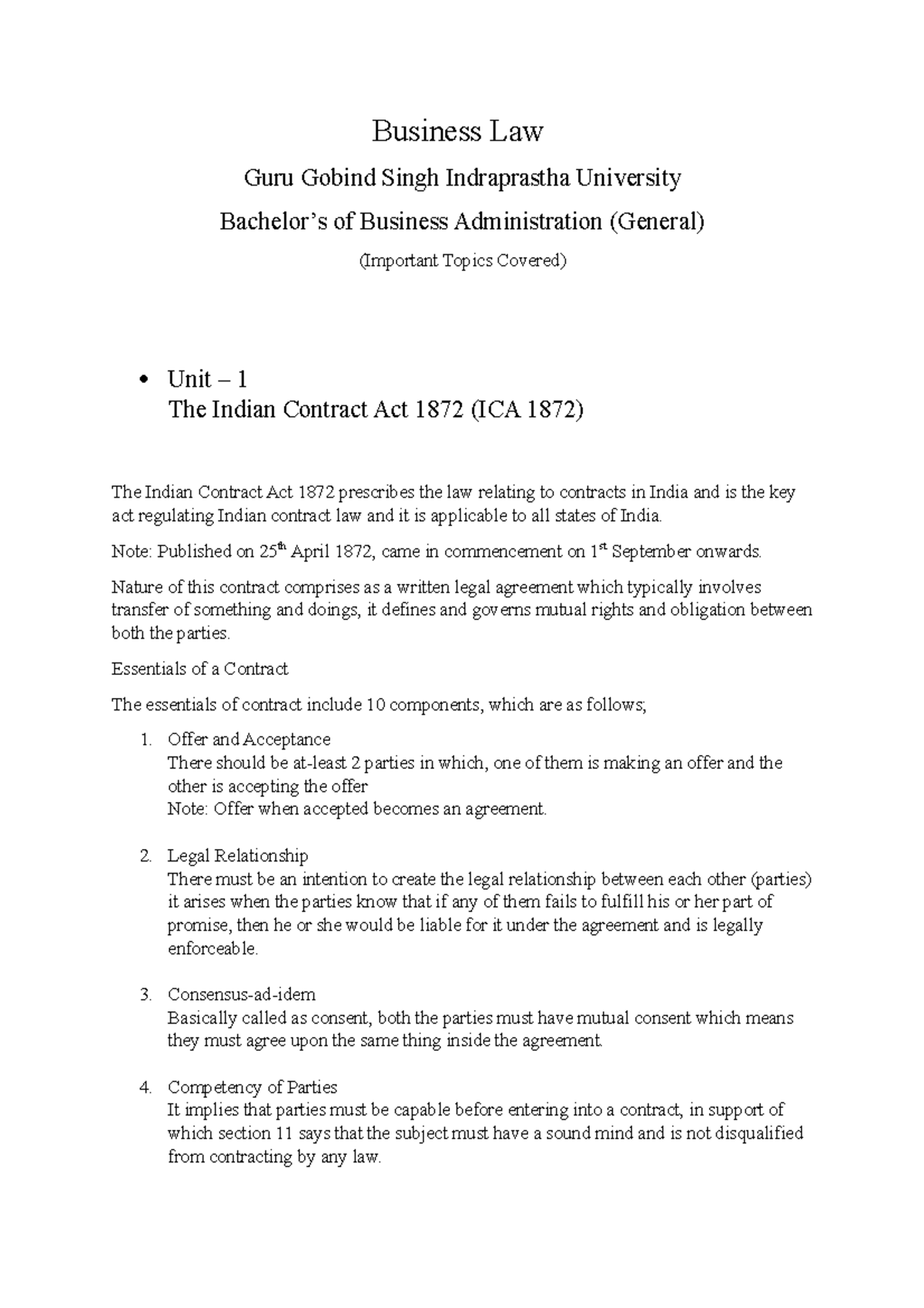 Business Law (Unit 1) - Key Topics in The Indian Contract Act 1872 ...