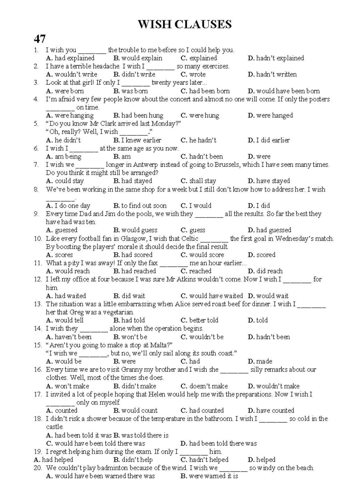 WISH CLAUSES - Advanced English Grammar Exercises - Studocu