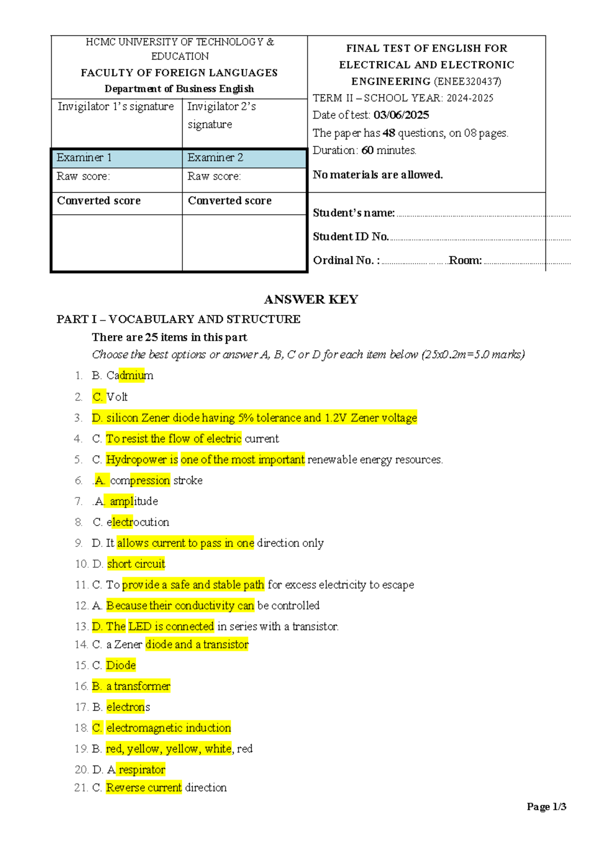 Final Test of English for Electrical and Electronic Engineering ...