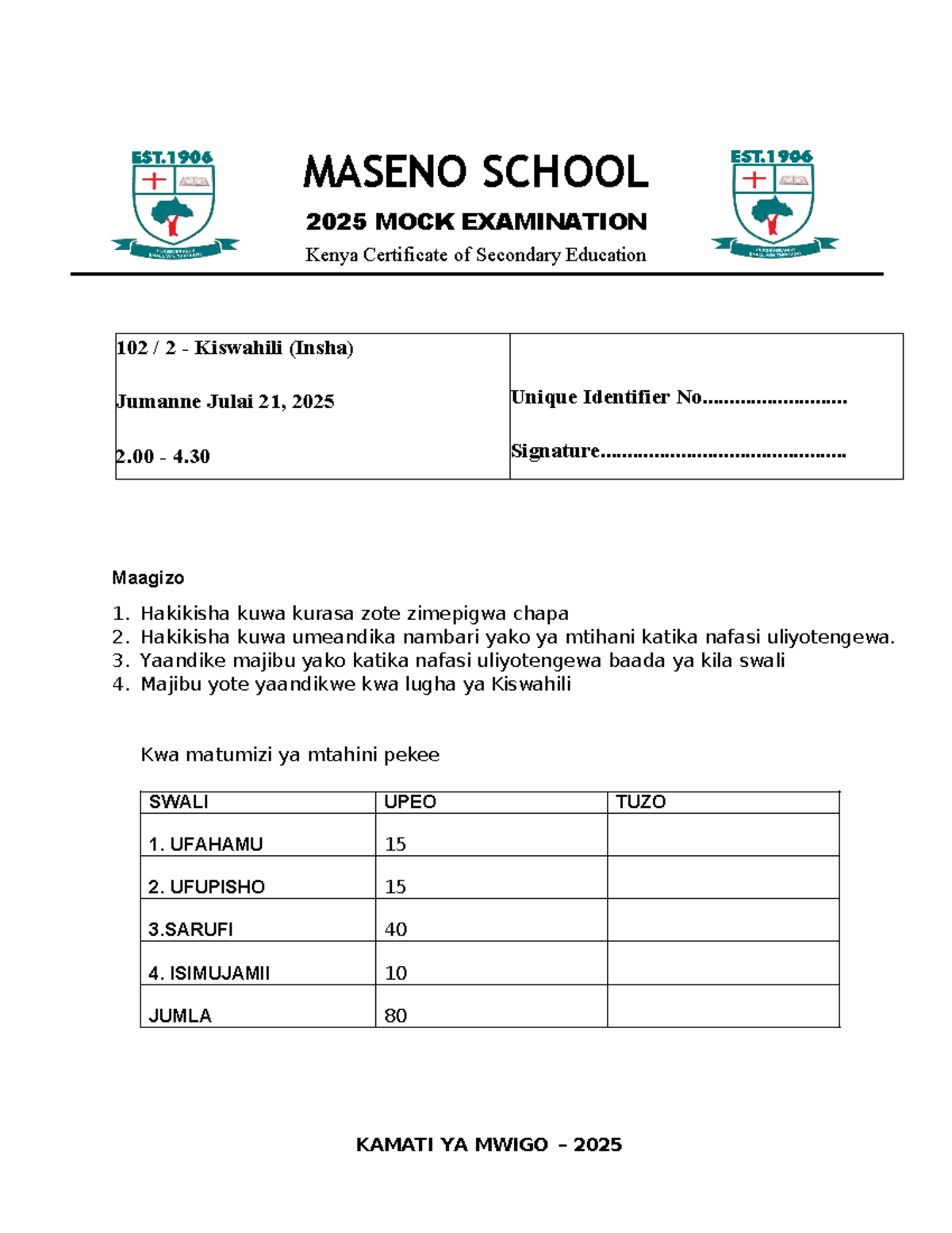 MASENO SCHOOL 2025 MOCK EXAM: KISWAHILI PAPER 2 - Studocu