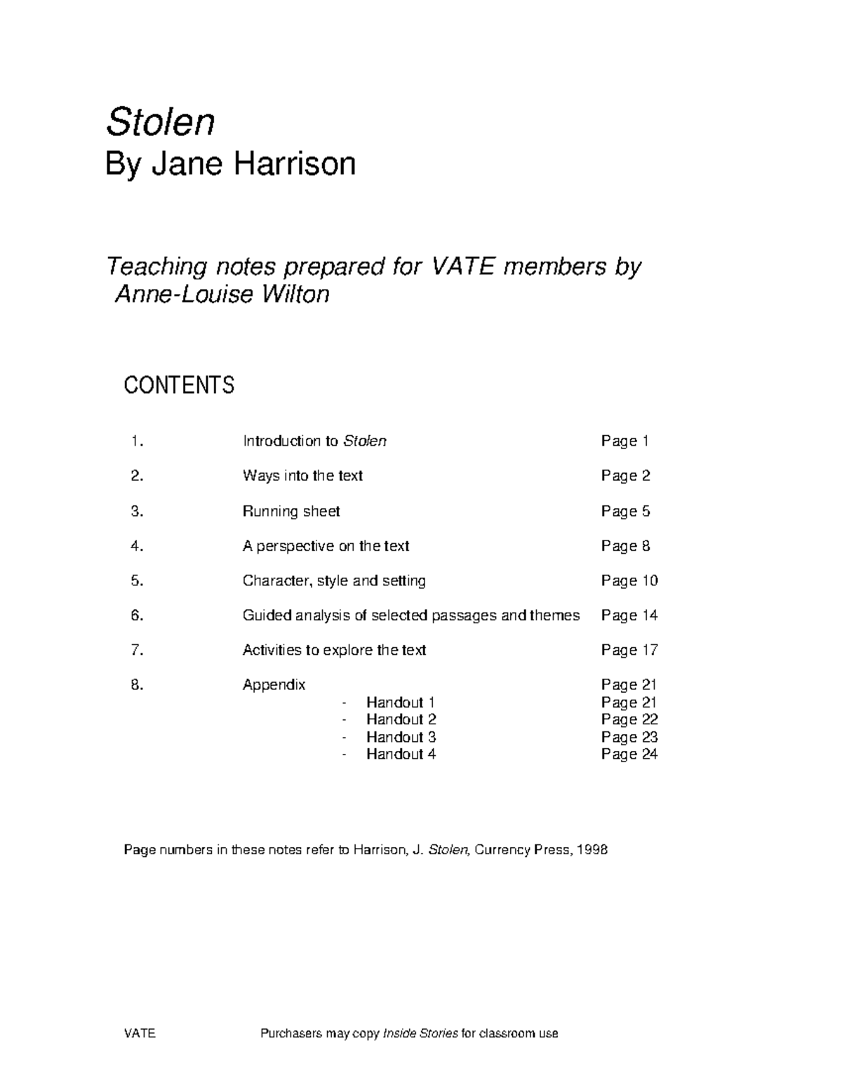 VATE Stolen by Jane Harrison: Teaching Notes & Analysis Guide - Studocu