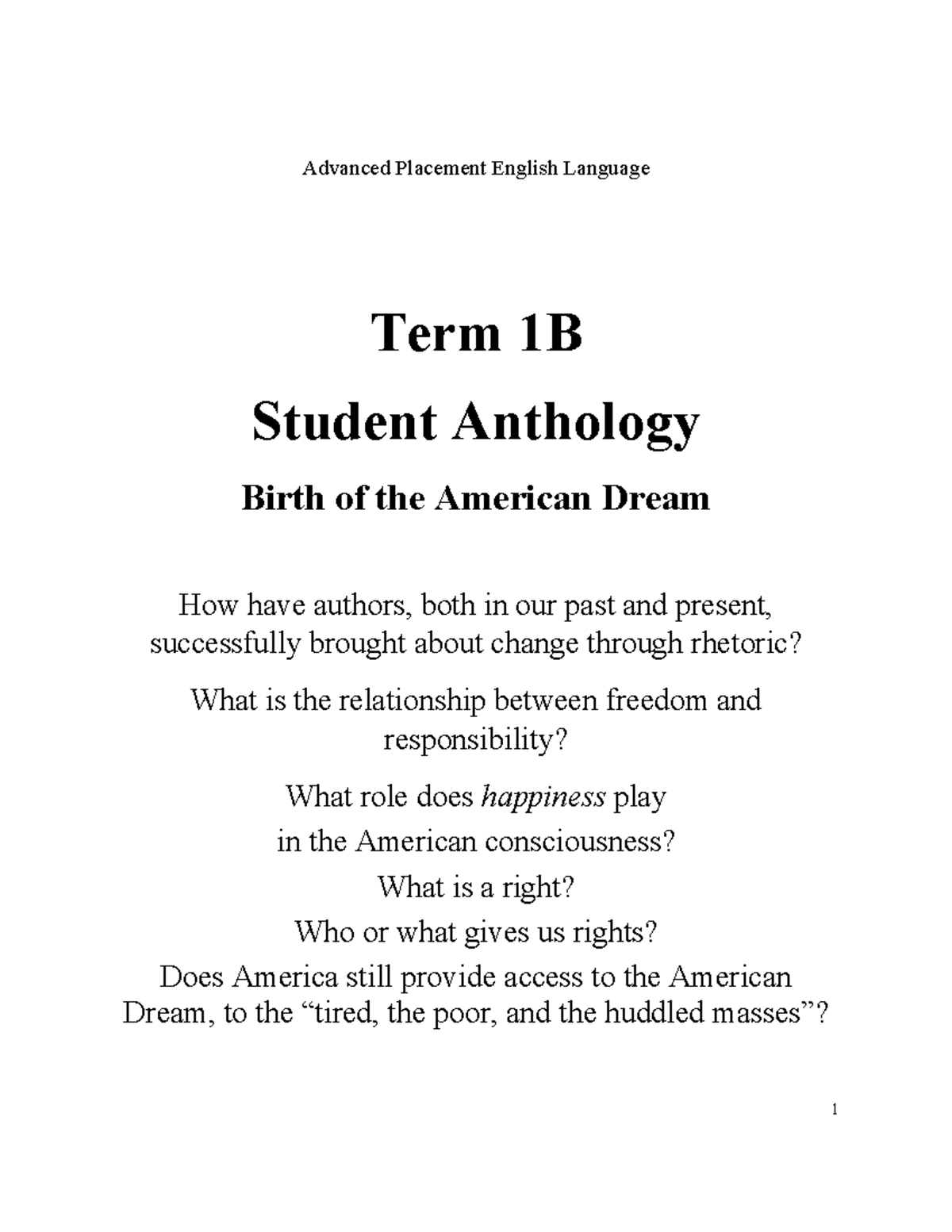 AP English Language Term 1B Anthology: Rhetoric & the American Dream ...