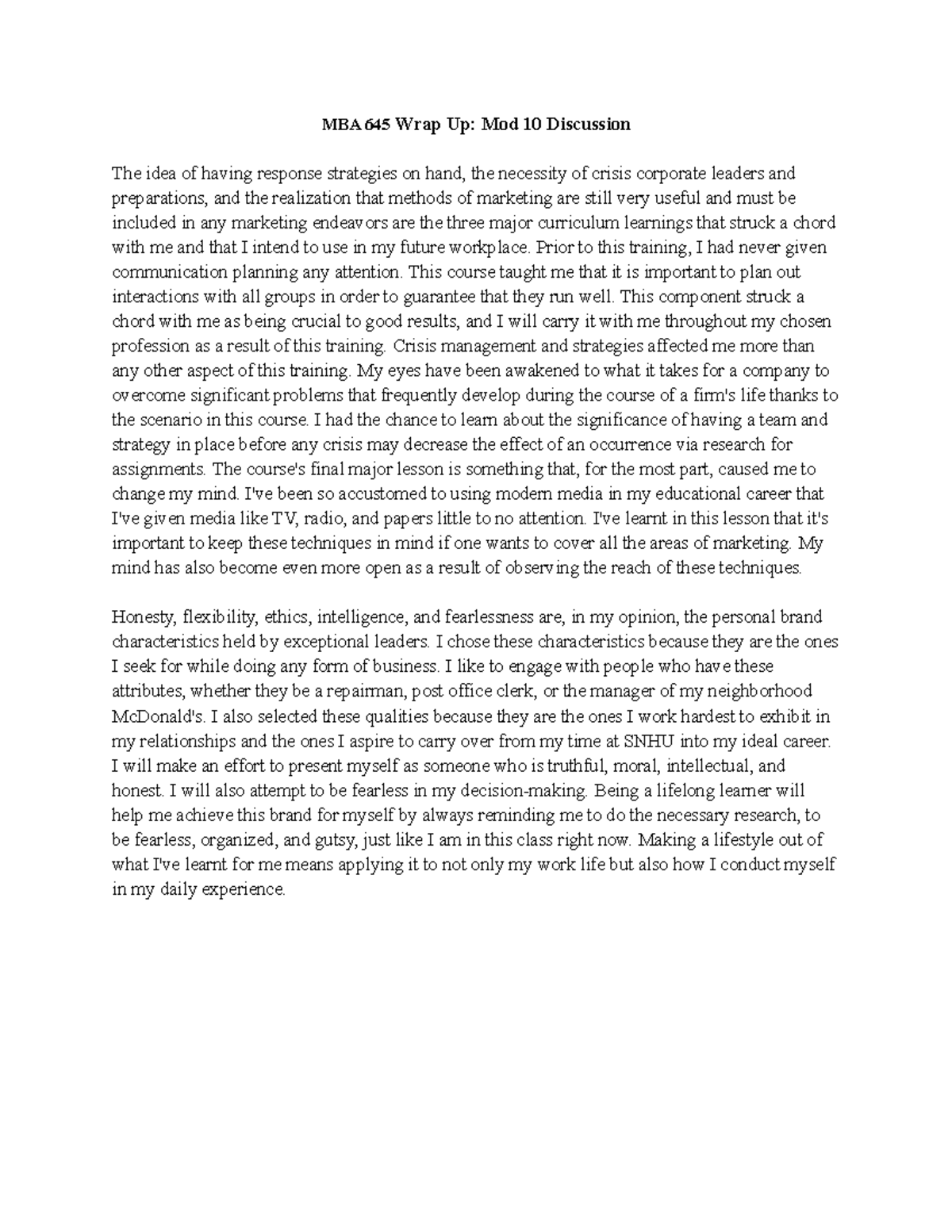 MBA 645 Final Reflections: Key Takeaways from Mod 10 Discussion - Studocu