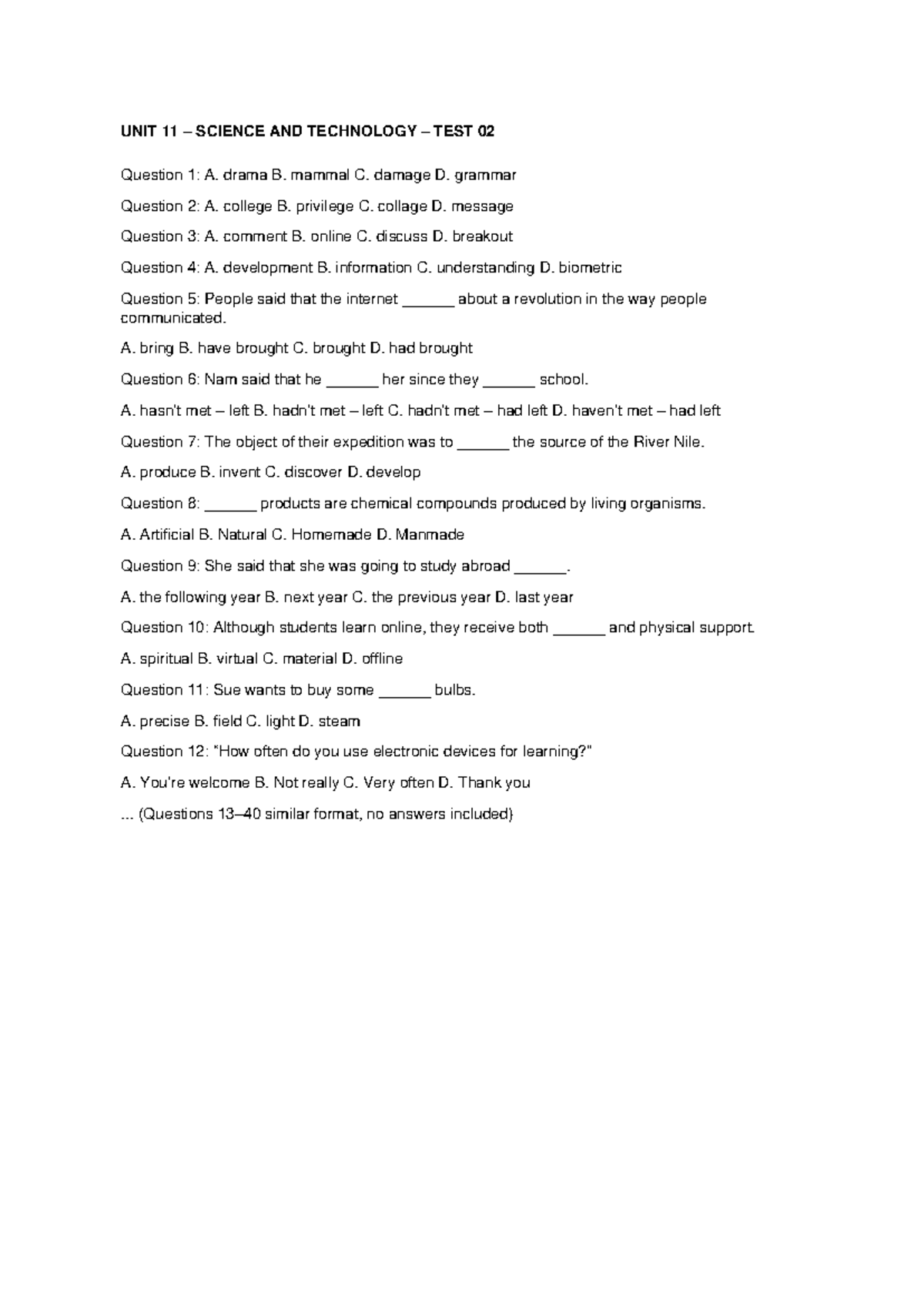 Unit 11 Science & Technology Test 02 Questions (No Answers) - Studocu