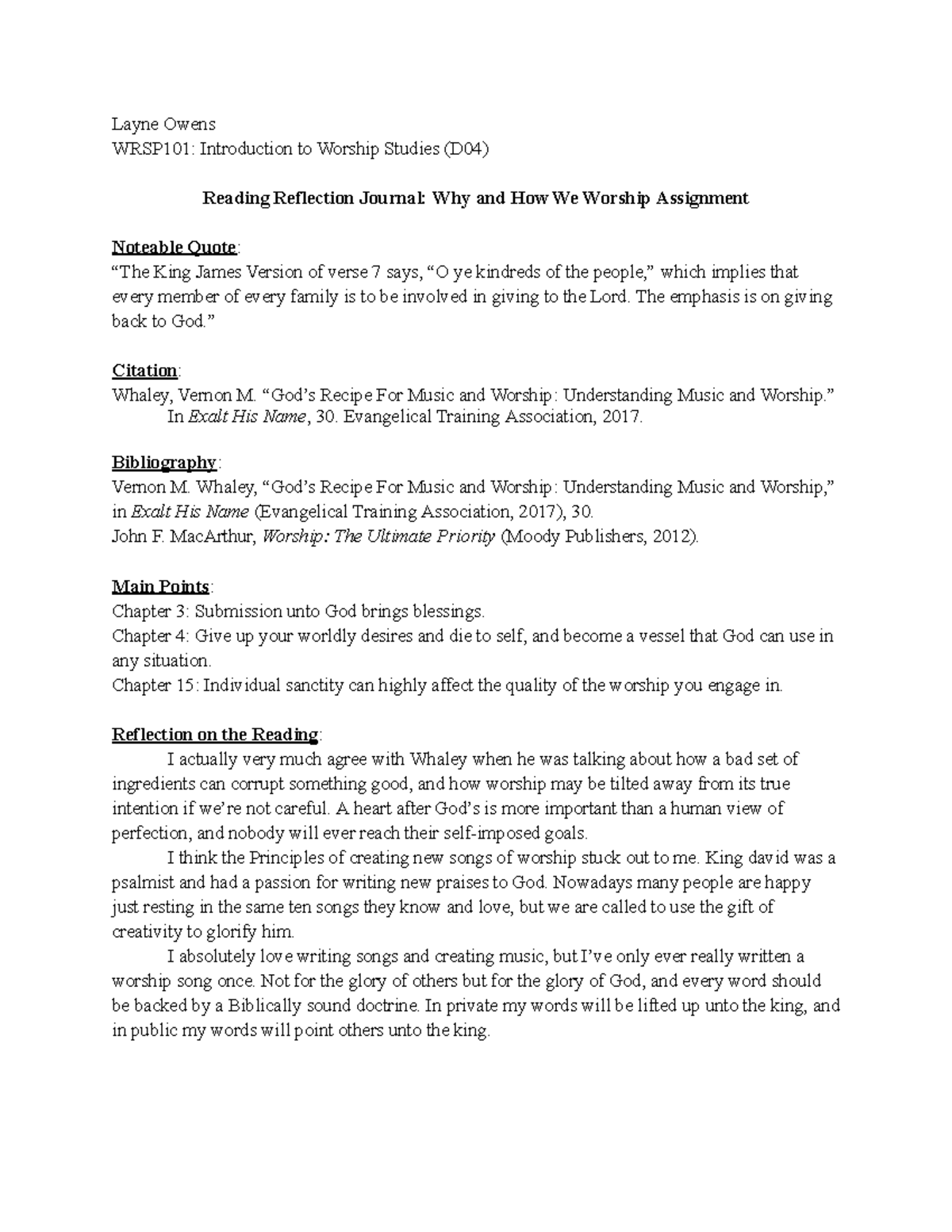 WRSP101: Reflection Journal on "Why and How We Worship" - Studocu