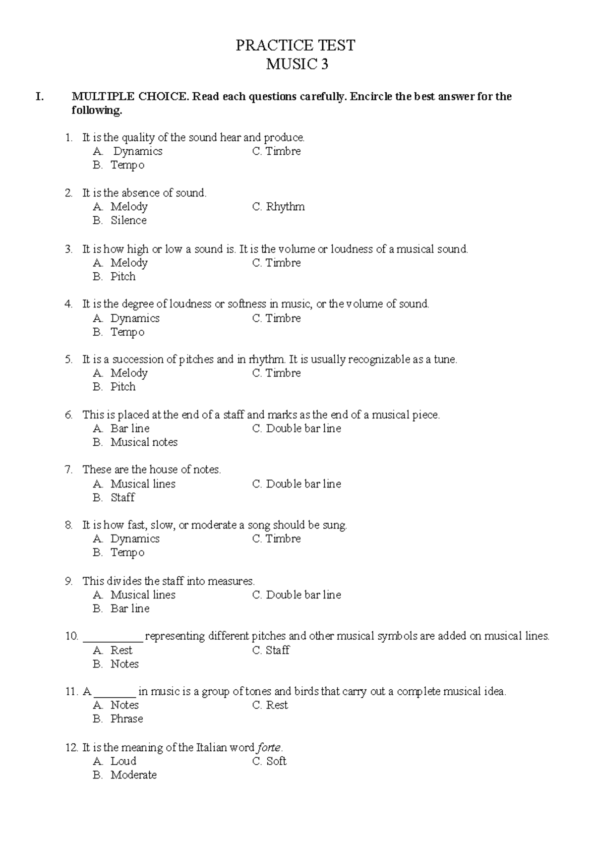 MUSIC 3 Practice TEST: Multiple Choice & True/False Questions - Studocu