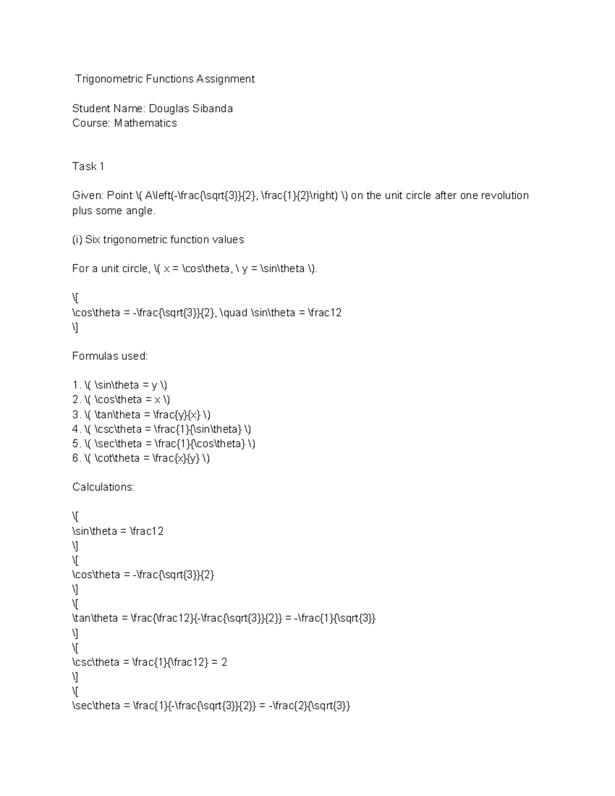 Math Assignment 6: Trigonometric Functions Analysis - Studocu