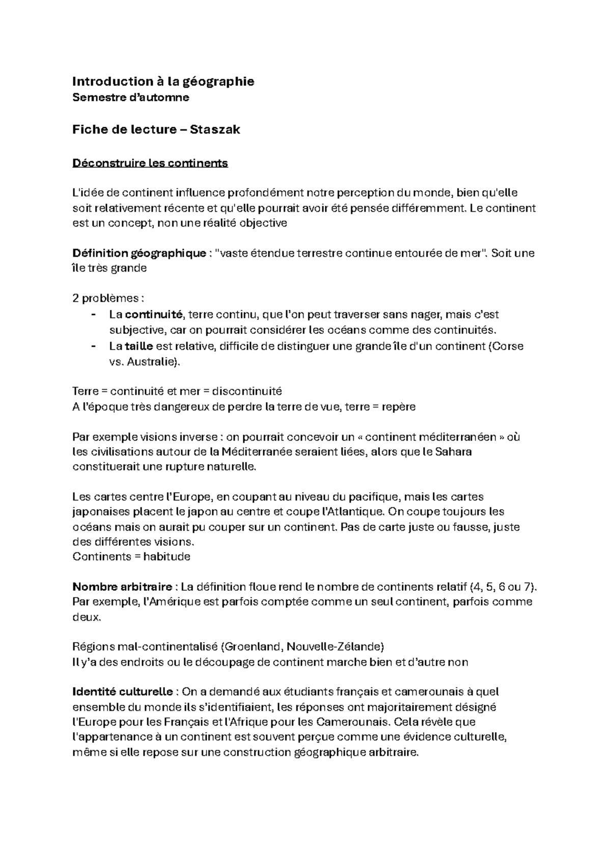 Fiche de lecture Staszak - Introduction à la géographie Semestre d ...