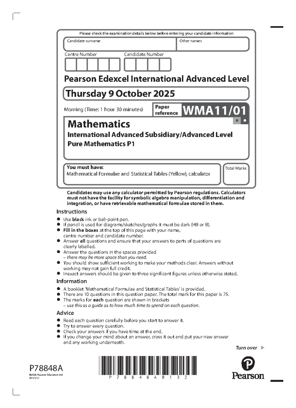October 2025 IAL Mathematics Paper 1 Examination Details - Studocu