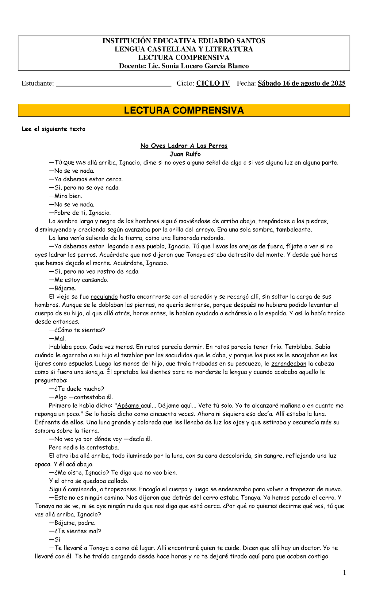 Lectura Comprensiva: Análisis de "No Oyes Ladrar A Los Perros" (CICLO ...