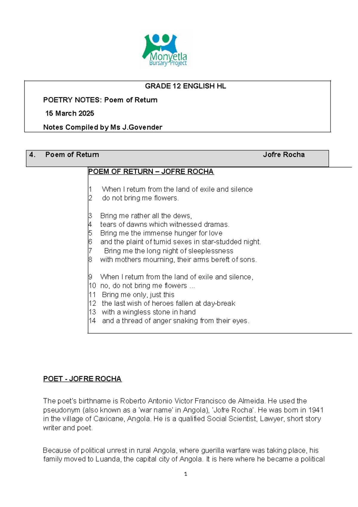 GRADE 12 ENGLISH HL POETRY NOTES: Analysis of "Poem of Return" by Jofre ...