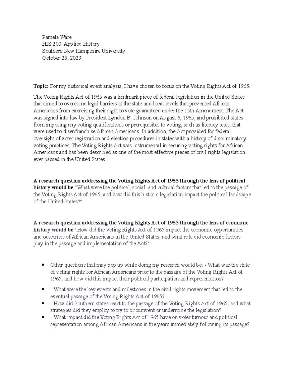 HIS 200: Writing Plan on the Voting Rights Act of 1965 Analysis - Studocu