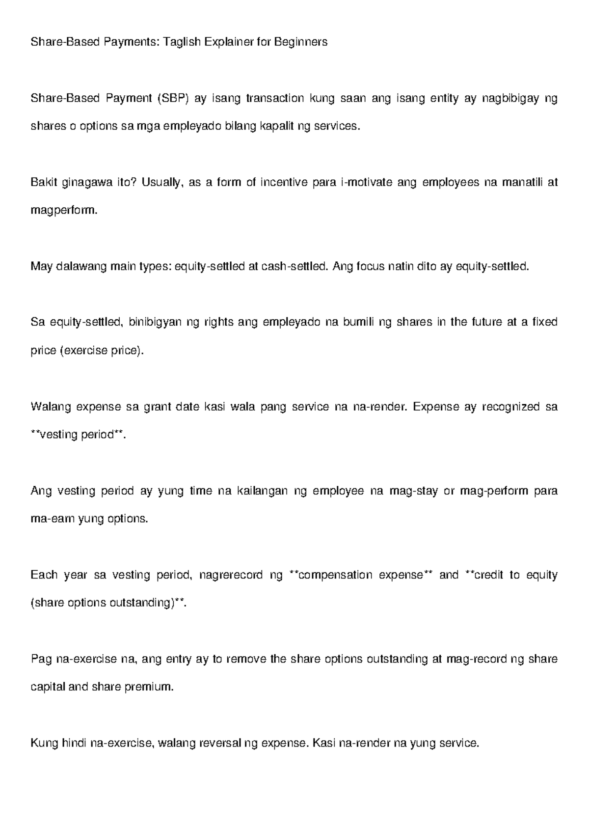SBP: Taglish Guide on Share-Based Payments for Beginners - Studocu