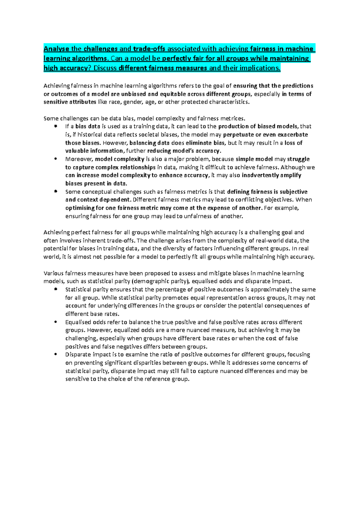 DATA1002 Essay on Fairness in Machine Learning and kNN Concepts - Studocu