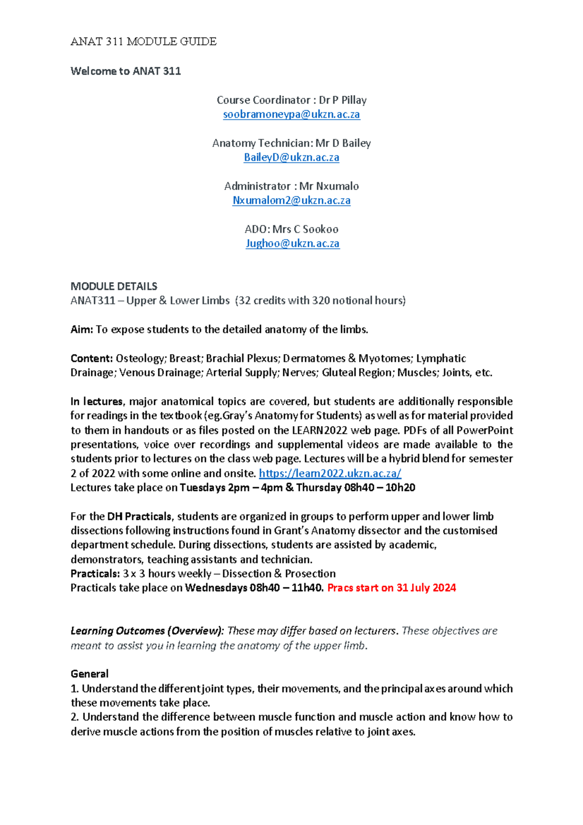 ANAT 311 Module Guide: Upper and Lower Limb Anatomy 2024 - Studocu
