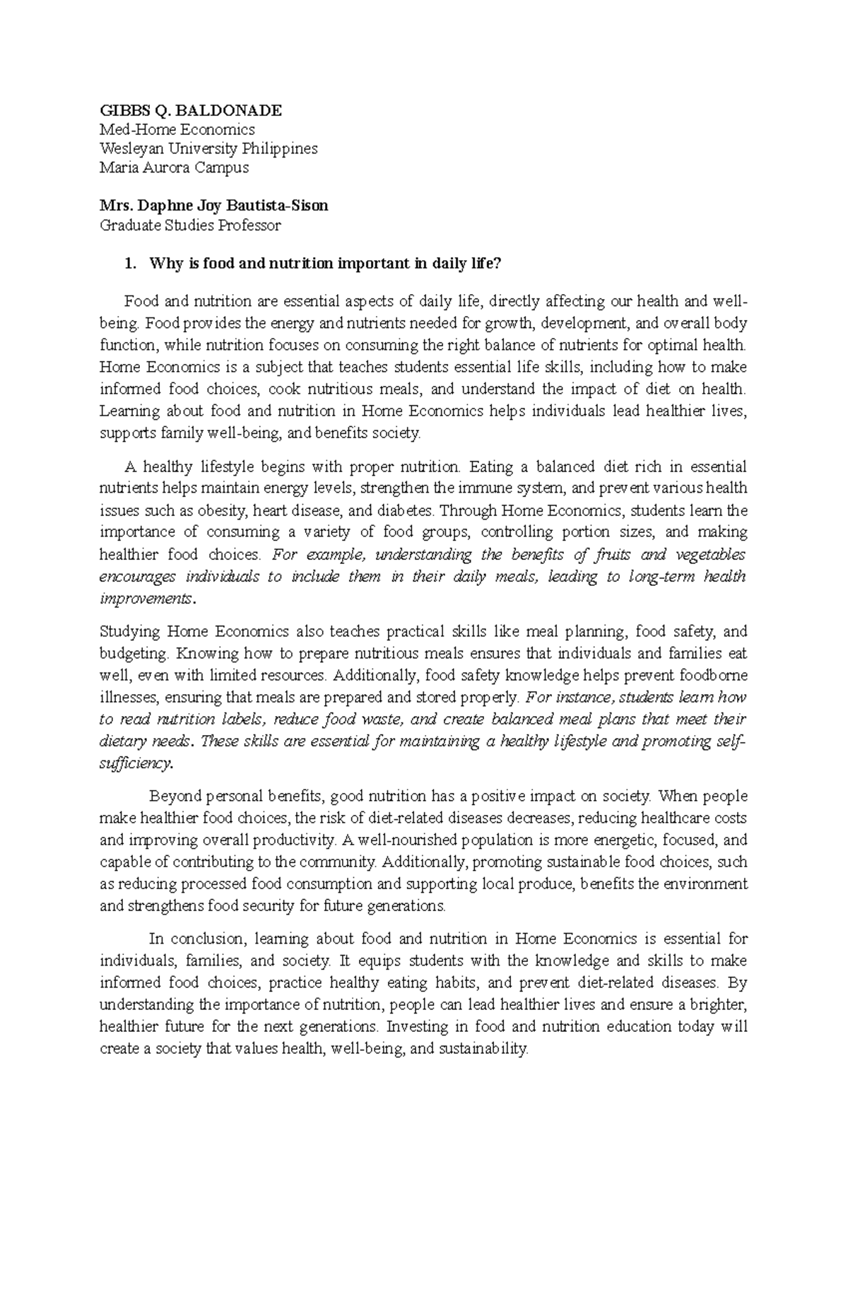 Essay 1: The Importance of Food and Nutrition in Daily Life (GQB) - Studocu