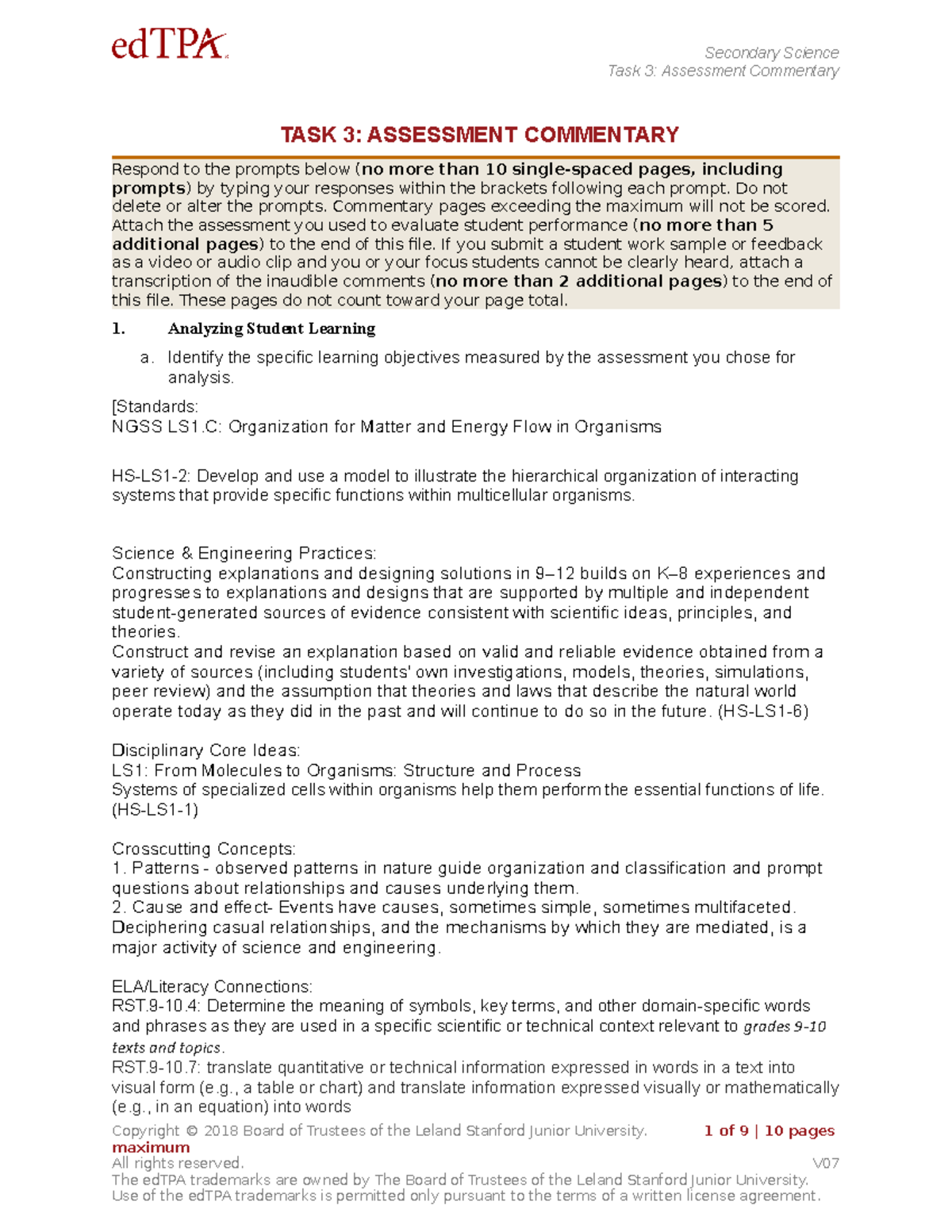 Task 3: Assessment Commentary Template for Science Evaluation - Studocu