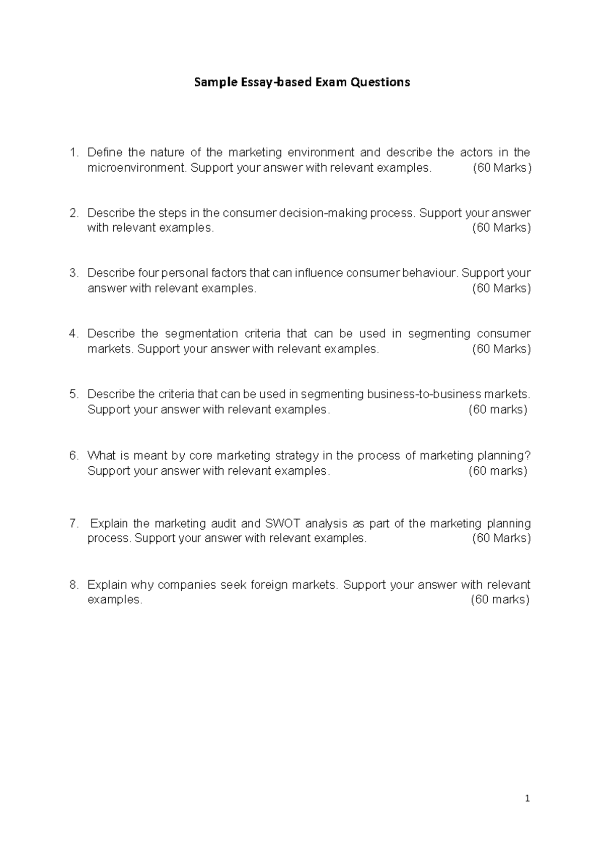 Marketing Environment & Consumer Behavior: Sample Exam Qs - Studocu