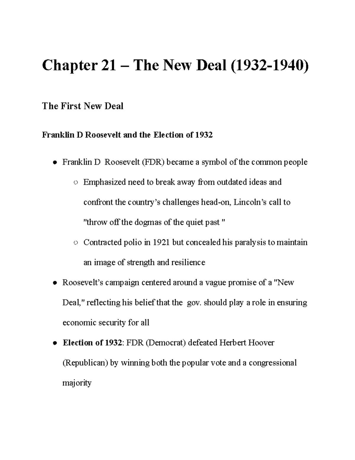 Apush RTN Chapter 21 - William Zeng - Chapter 21 – The New Deal (1932 ...