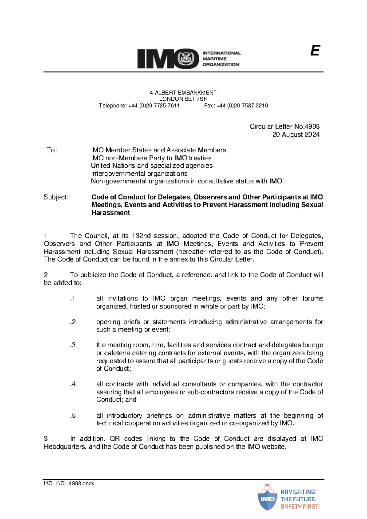 IMO Circular Letter No. 4908: Code of Conduct to Prevent Harassment ...