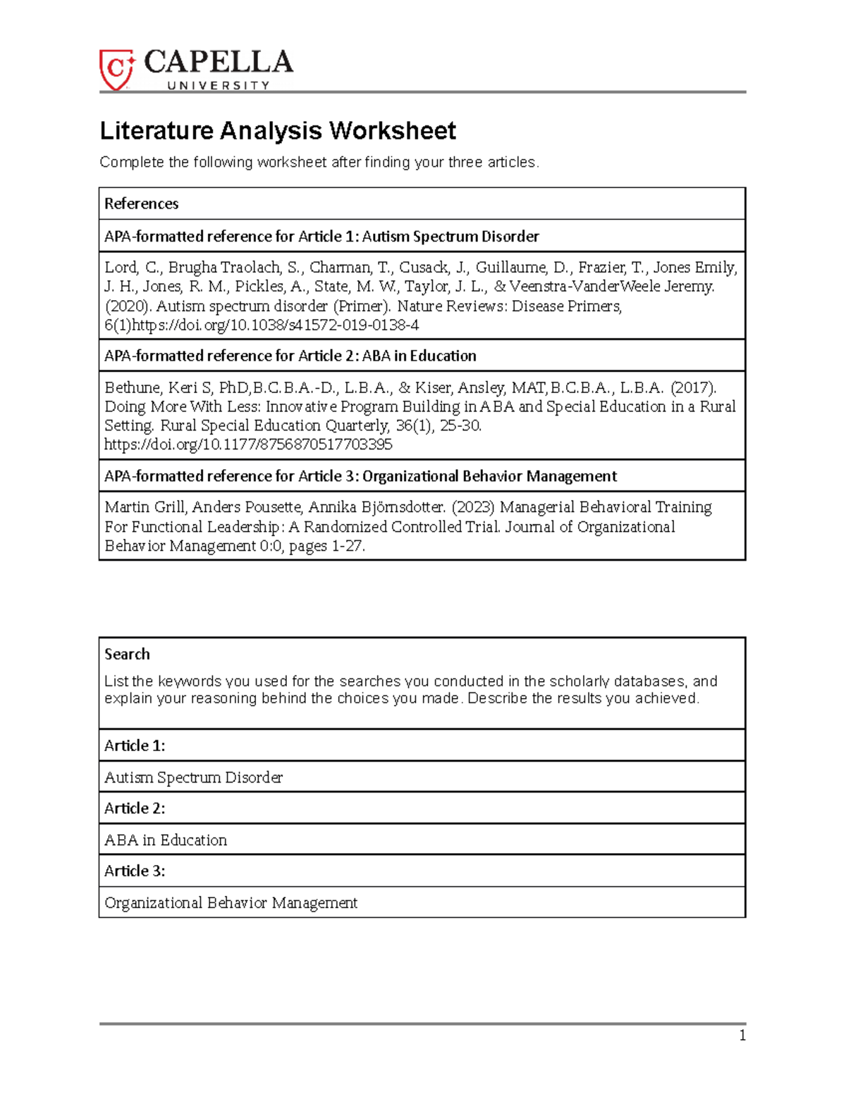Literature Analysis Worksheet for ABA 101 - Assignment 4 - Studocu