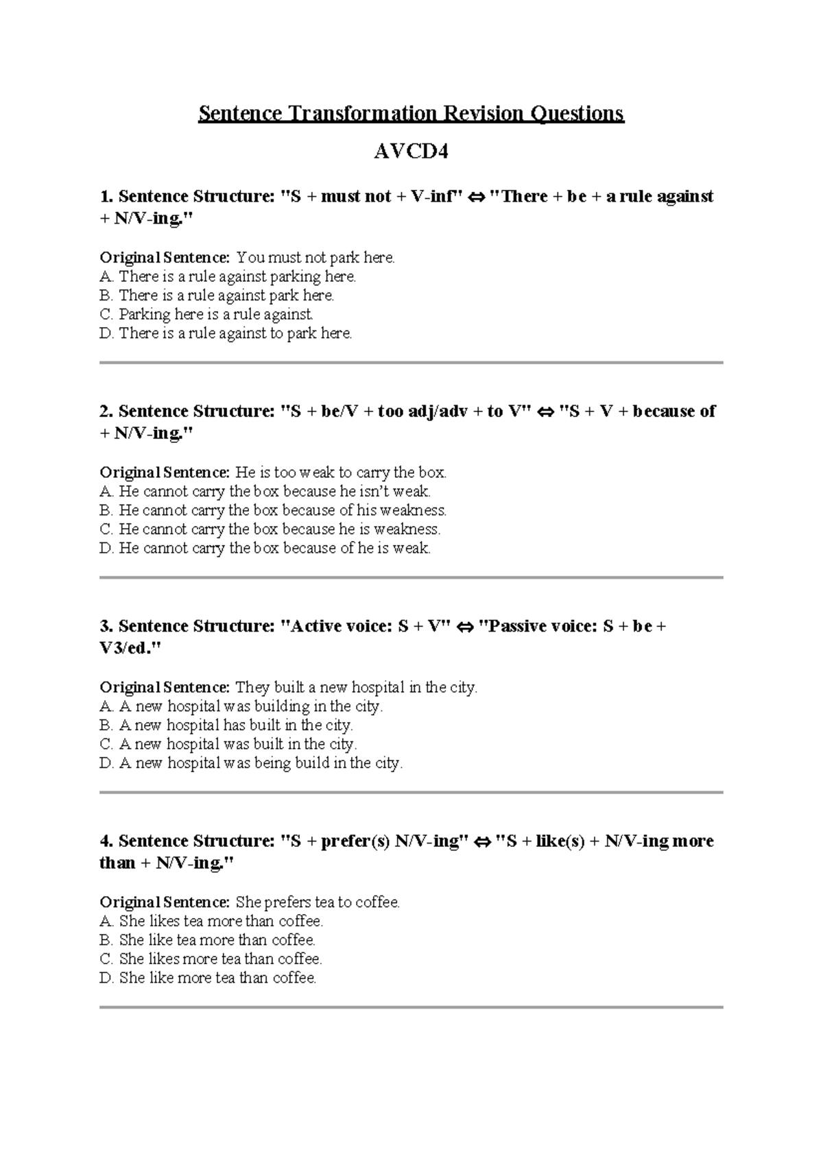 AVCD4 - B1B - Sentence Transformation Revision Questions - Studocu